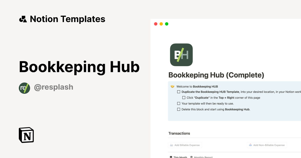 Bookkeping Hub Template by Resplash | Notion Marketplace
