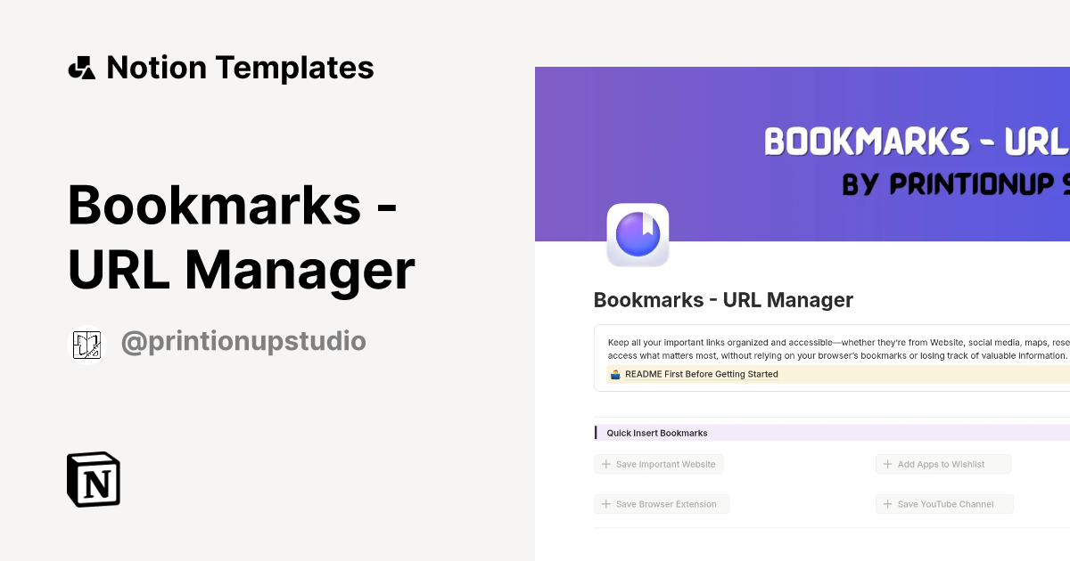 Bookmarks - URL Manager Template by PrintionUp Studio | Notion Marketplace