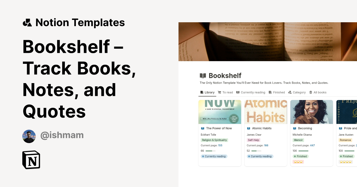 Bookshelf – Track Books, Notes, and Quotes Template by ISH | Notion ...