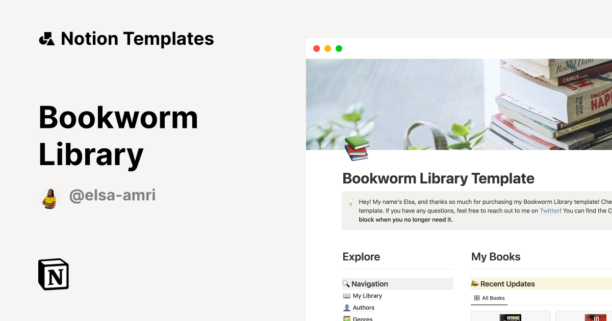 Bookworm Library Template by Elsa Amri | Notion Marketplace