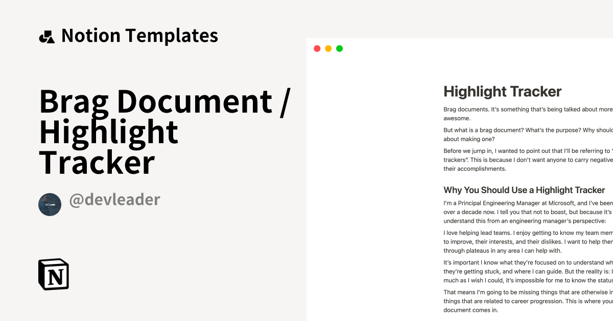 Brag Document / Highlight Tracker Template by Dev Leader | Notion Marketplace