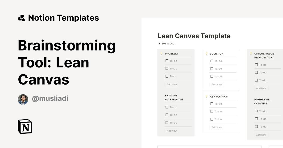 Brainstorming Tool: Lean Canvas Template | Notion Marketplace
