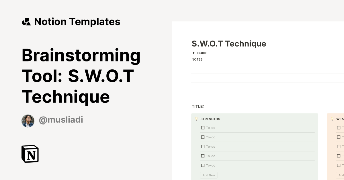 Brainstorming Tool: S.W.O.T Technique Template | Notion Marketplace