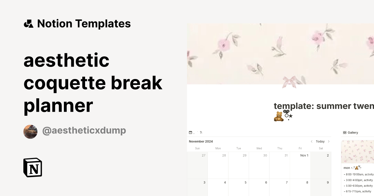 aesthetic coquette break planner Template | Notion Marketplace