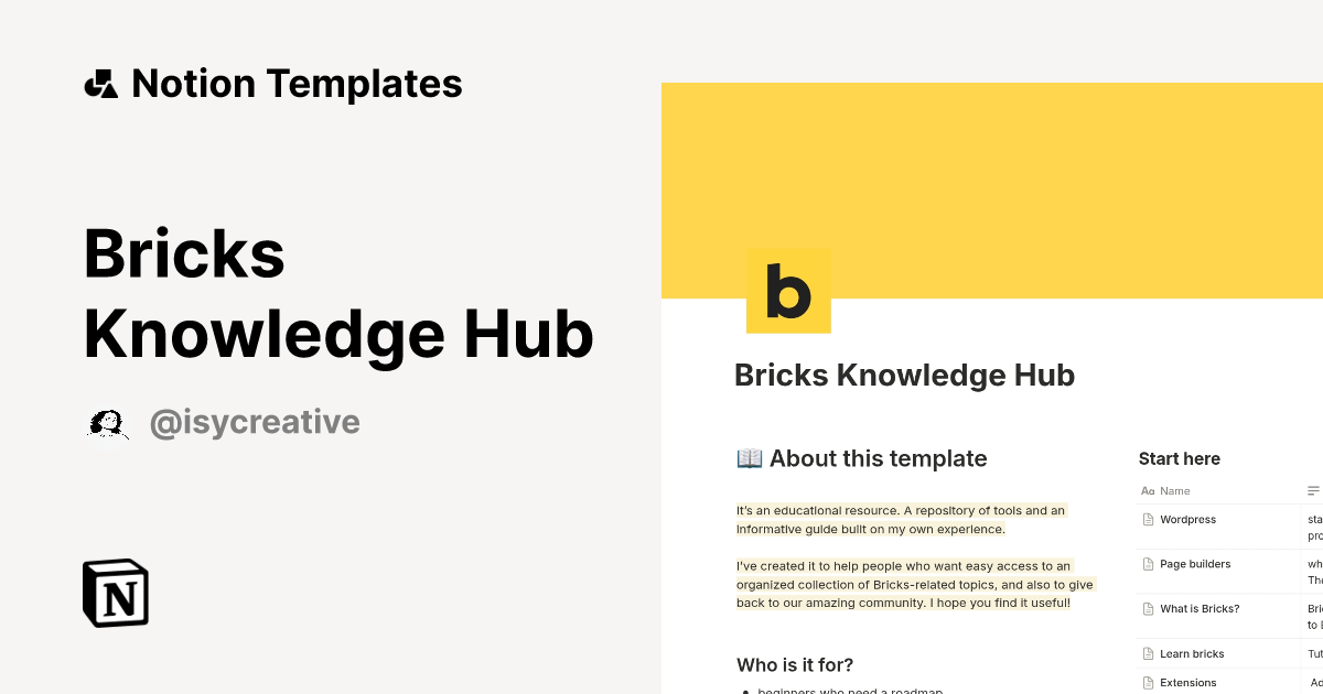 Bricks Knowledge Hub Template by isy creative | Notion Marketplace