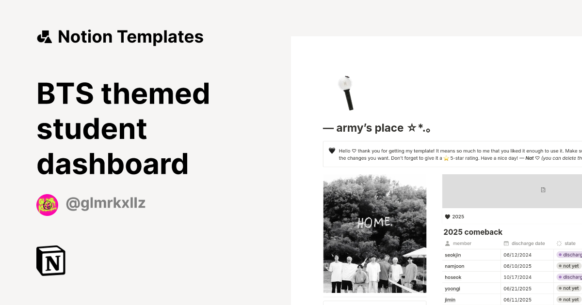 BTS themed student dashboard Template by GLAMOUR KLLZ STUDIOS | Notion ...