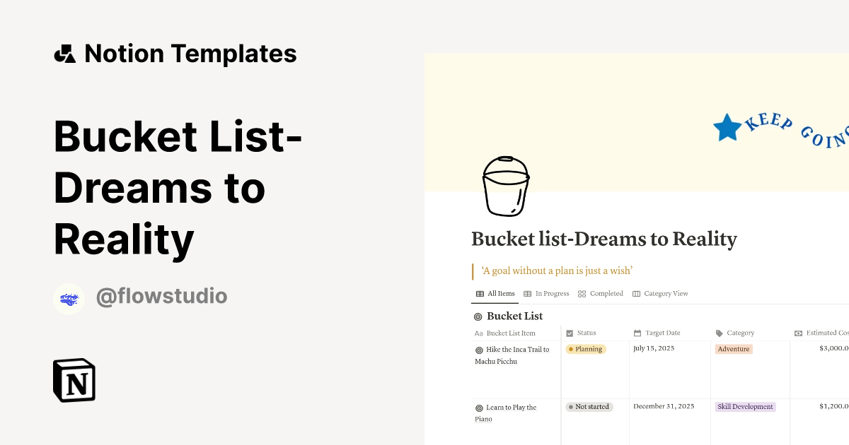 Bucket List-Dreams to Reality Template by flowstudio | Notion Marketplace