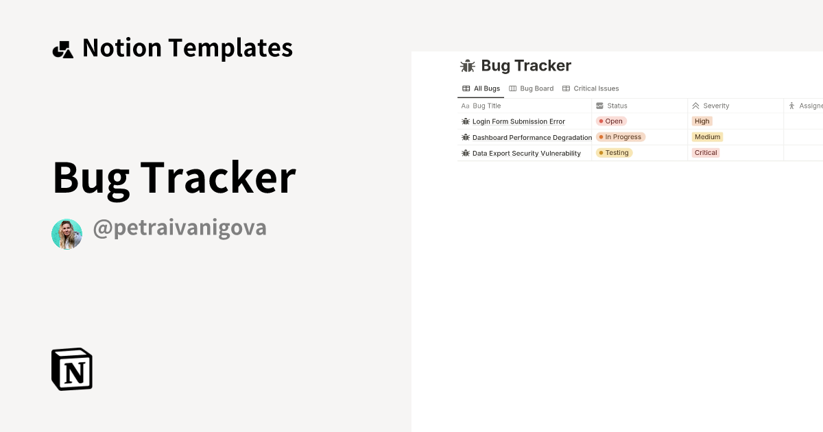 Bug Tracker Template by Petra Ivanigova | Notion Marketplace