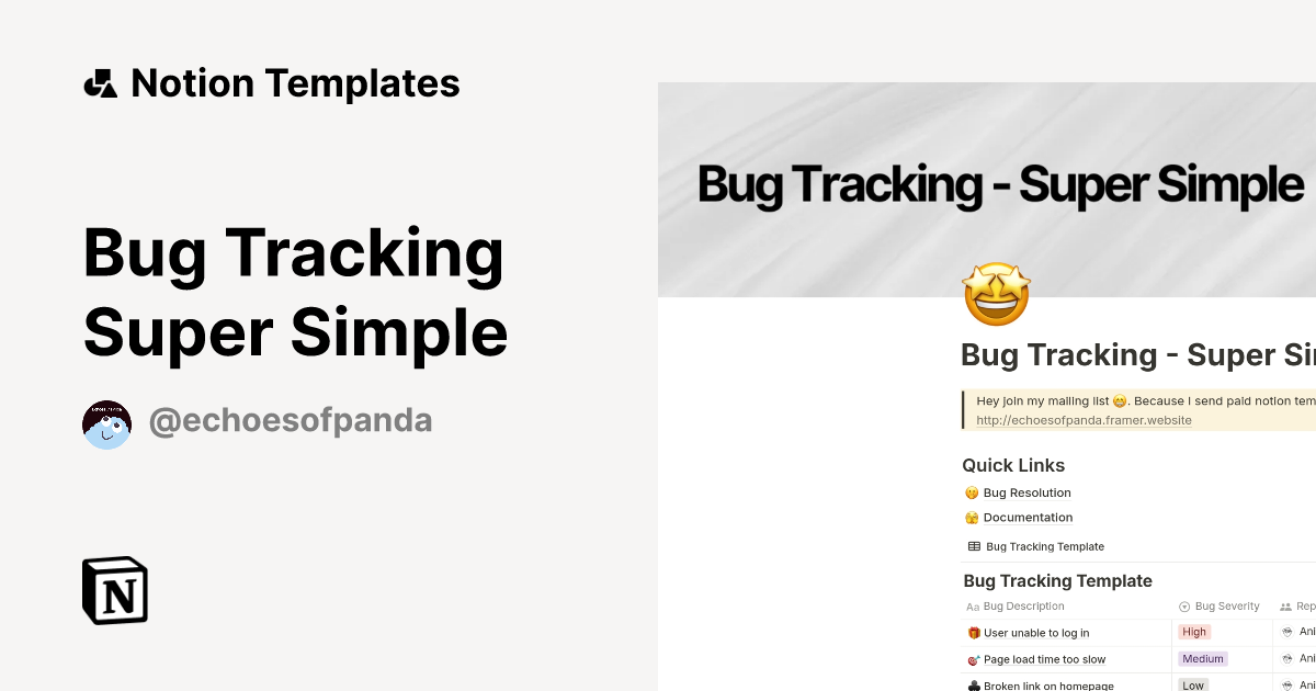 Bug Tracking Super Simple Template by Echoes of Panda🐼 | Notion Marketplace