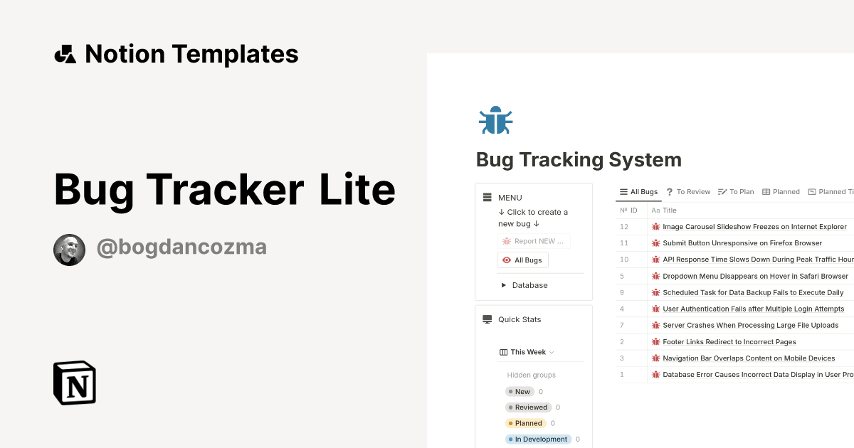 Bug Tracker Lite Template | Notion Marketplace