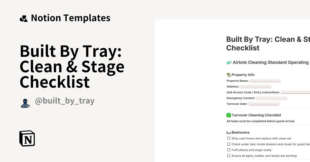 Built By Tray: Clean & Stage Checklist Template | Notion Marketplace