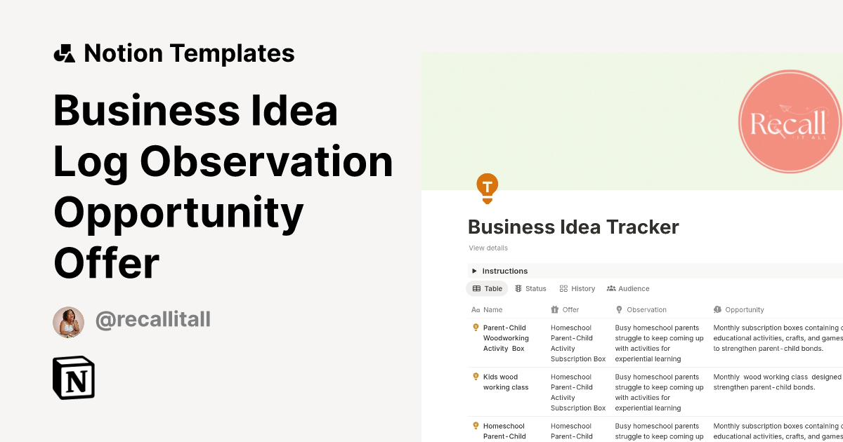 Business Idea Log Observation Opportunity Offer Template by Lez ...