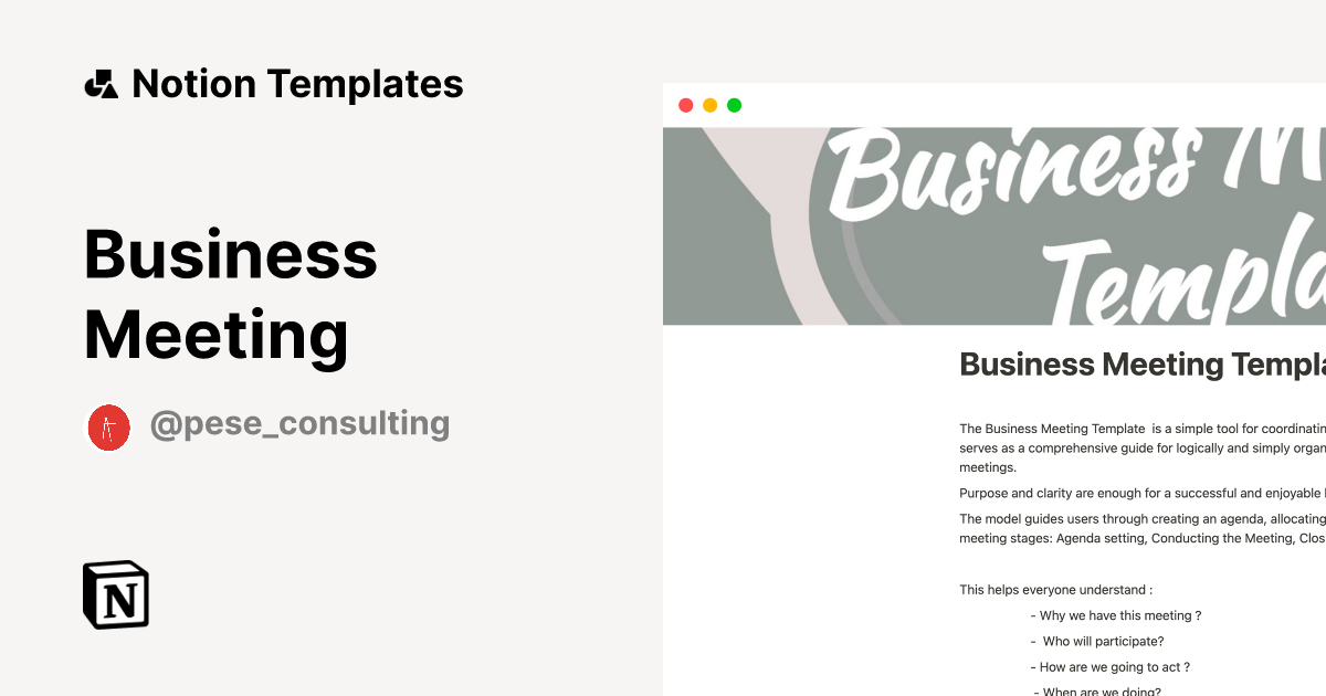 Business Meeting Template by PESE Consulting | Notion Marketplace