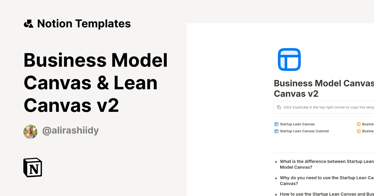 Business Model Canvas & Lean Canvas v2 Template by Ali Rashidy | Notion Marketplace
