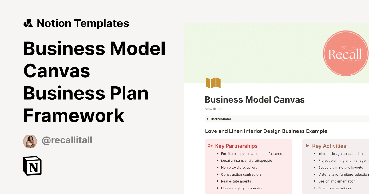 Business Model Canvas Business Plan Framework Template by Recall It All | Notion Marketplace