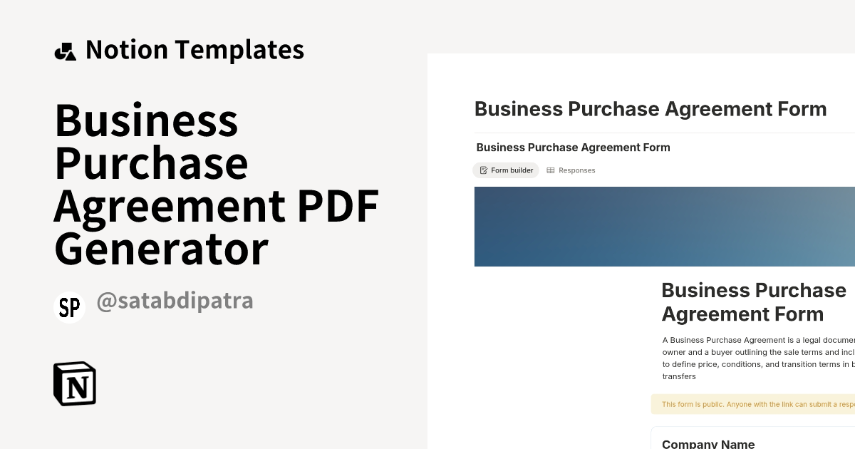Business Purchase Agreement PDF Generator Template | Notion Marketplace