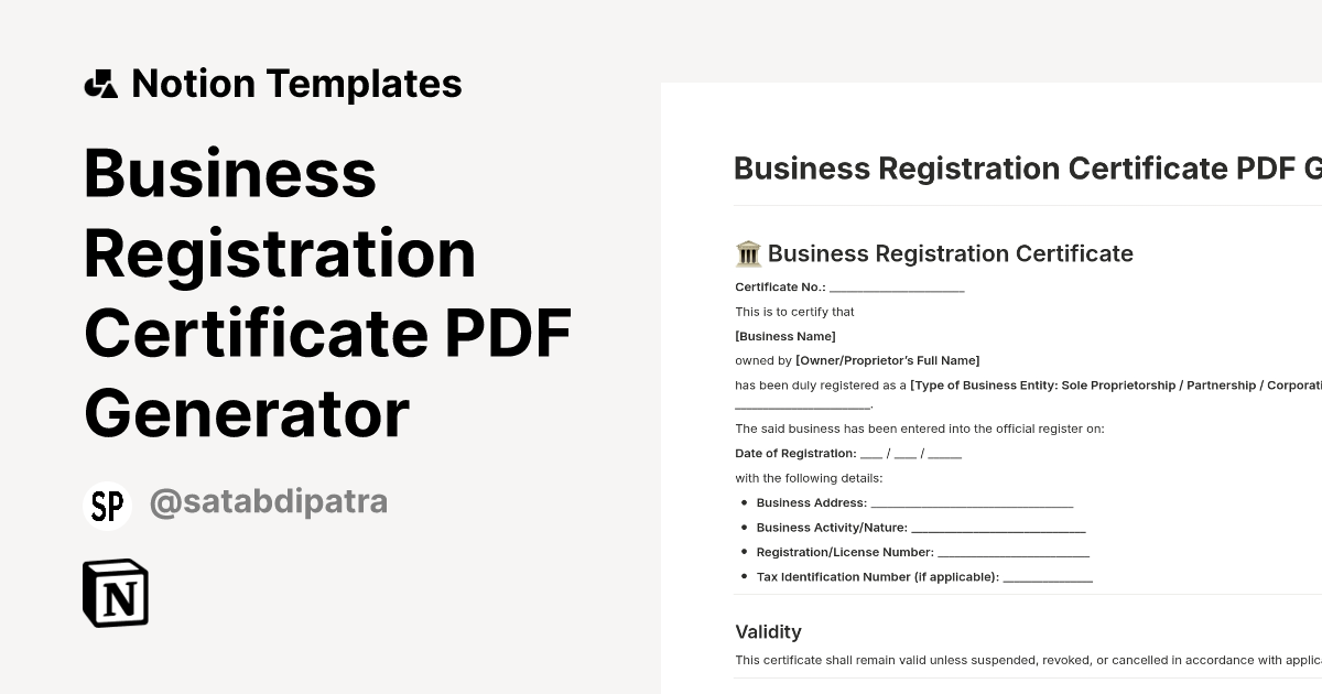 Business Registration Certificate PDF Generator Template by Satabdi ...