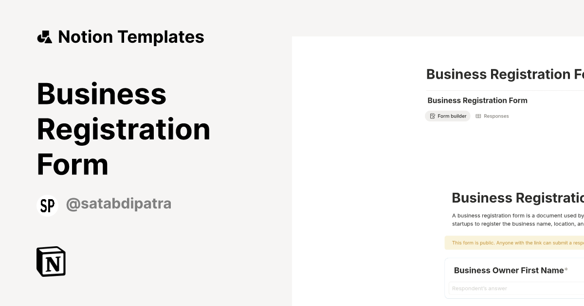 Business Registration Form Template by Satabdi Patra | Notion Marketplace
