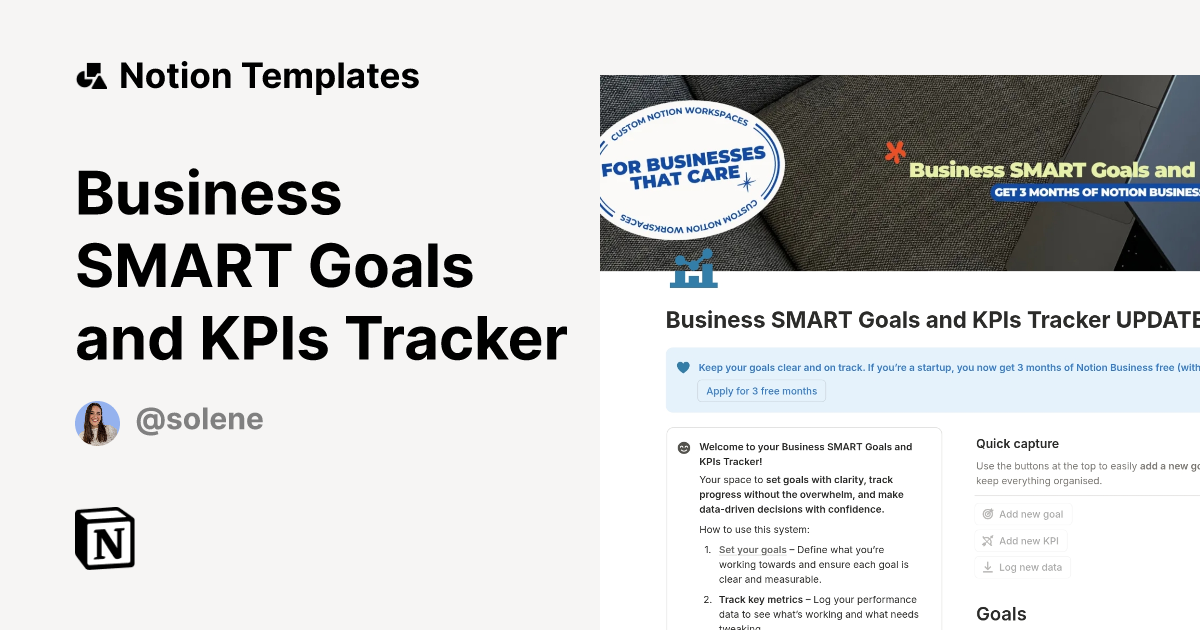 Business SMART Goals and KPIs Tracker Template by Solene | Notion ...