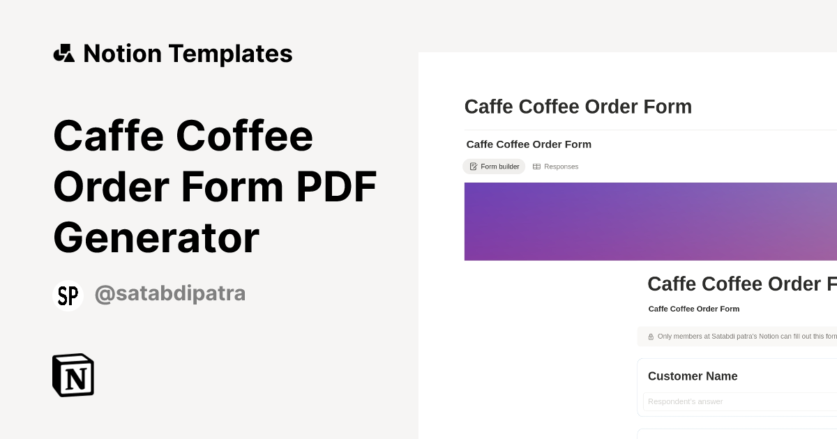 Caffe Coffee Order Form PDF Generator Template | Notion Marketplace