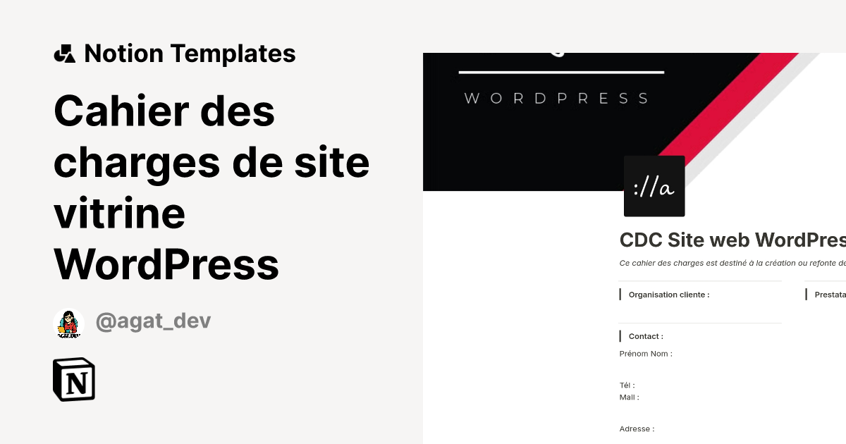 Cahier des charges de site vitrine WordPress Template by ://agat.dev | Notion Marketplace