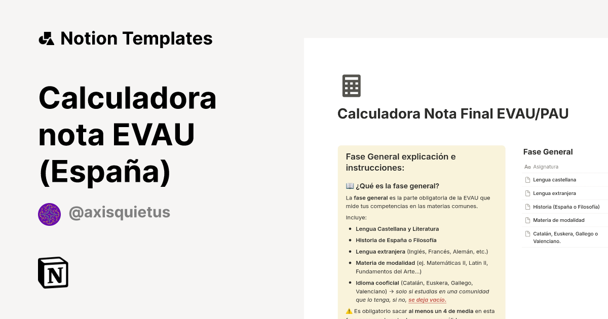 Calculadora Nota Evau España Template Notion Marketplace