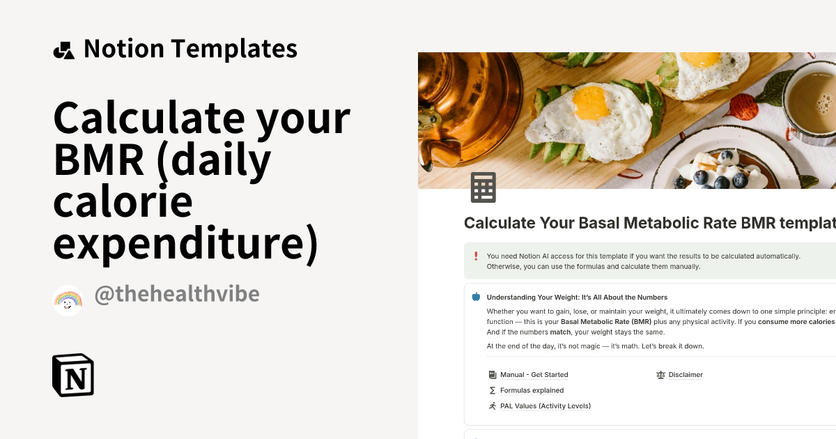 Calculate your BMR (daily calorie expenditure) Template | Notion ...