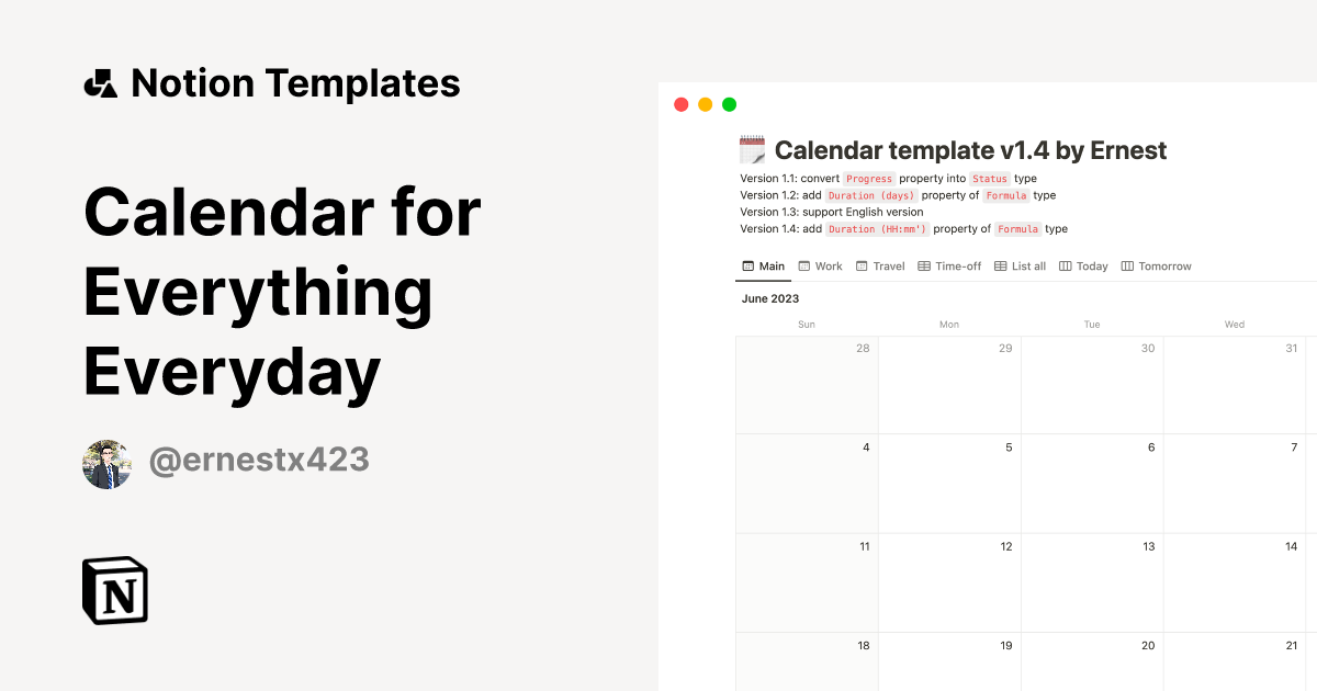 Calendar for Everything Everyday Template by Ernest xu | Notion Marketplace