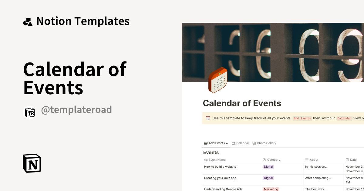 Calendar of Events Template by Template Road | Notion Marketplace