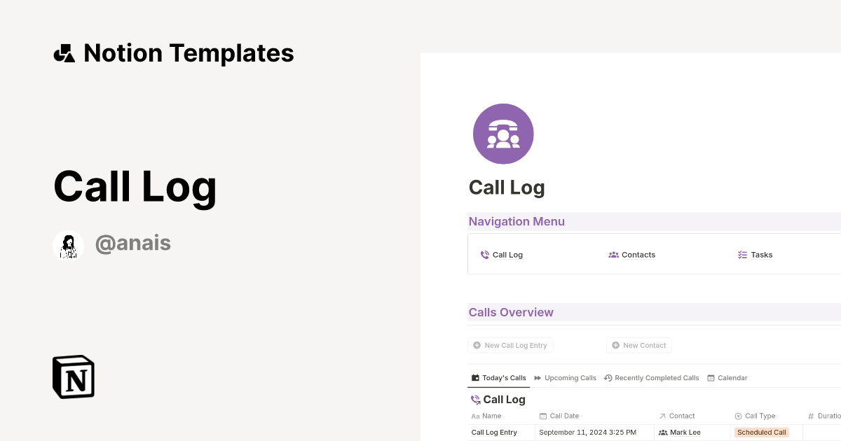 Call Log Template by Anaïs | Notion Marketplace