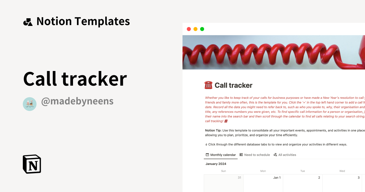 Call tracker Template by Made by Neens | Notion Marketplace