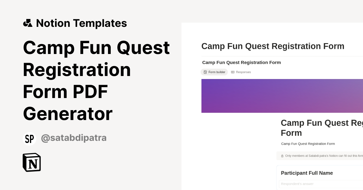 Camp Fun Quest Registration Form PDF Generator Template by Satabdi ...