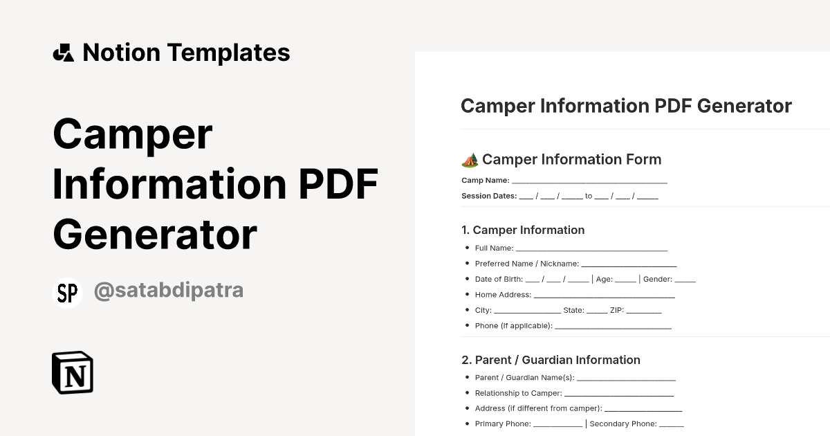 Camper Information PDF Generator Template by Satabdi Patra | Notion ...