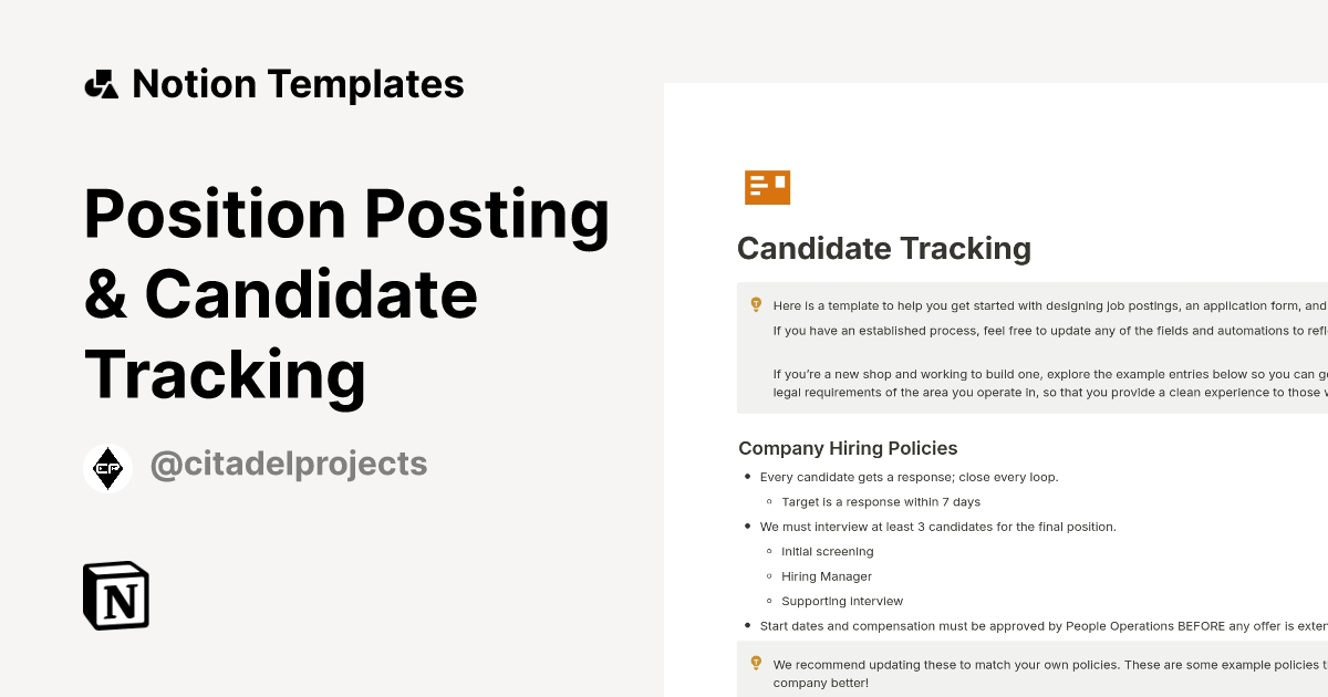 Position Posting & Candidate Tracking Template by Citadel Projects | Notion Marketplace