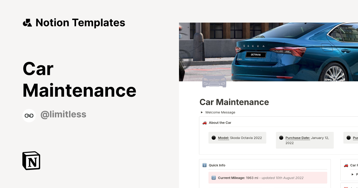 Car Maintenance Template by Limitless Notion | Notion Marketplace