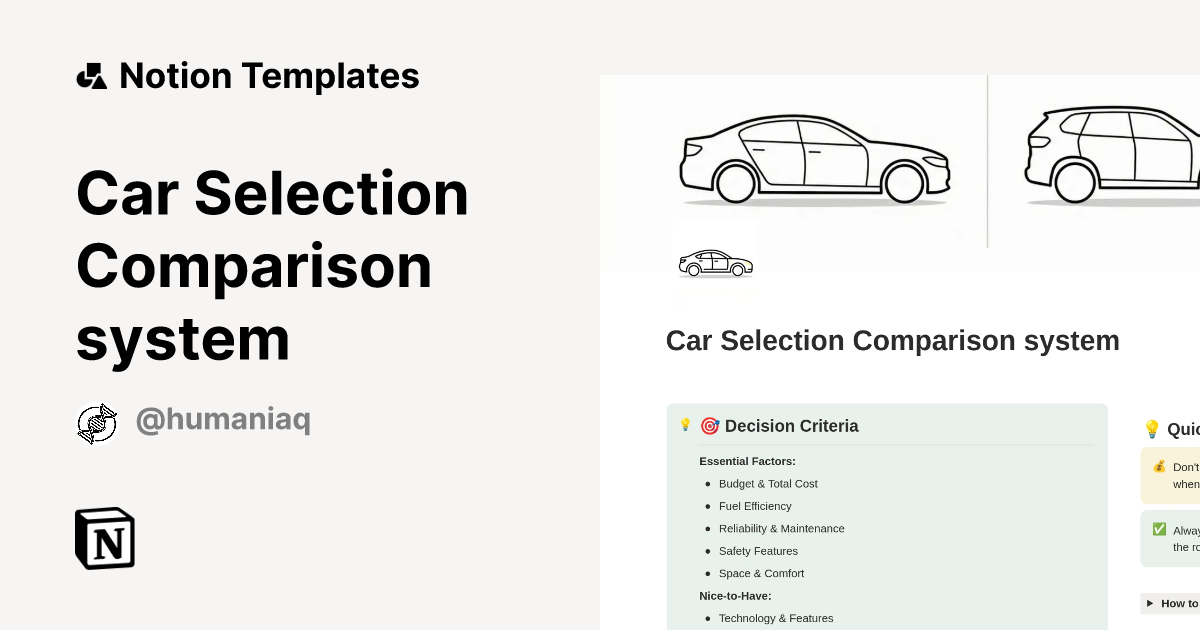 Car Selection Comparison system Template | Notion Marketplace