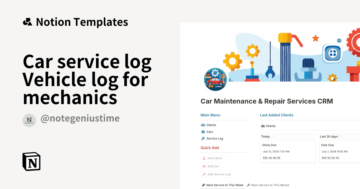 Car service log Vehicle log for mechanics Template | Notion Marketplace