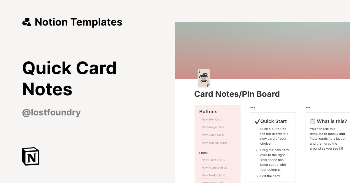 Quick Card Notes Template by Lost Foundry | Notion Marketplace