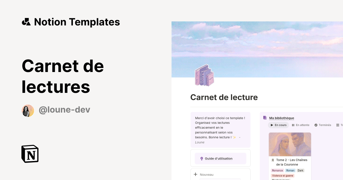 Carnet de lectures Template by Loune.dev | Notion Marketplace
