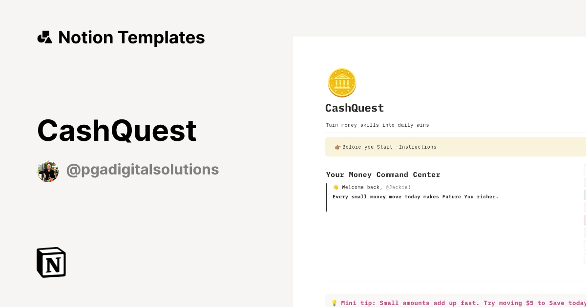 CashQuest Template by PGA Digital Solutions | Notion Marketplace