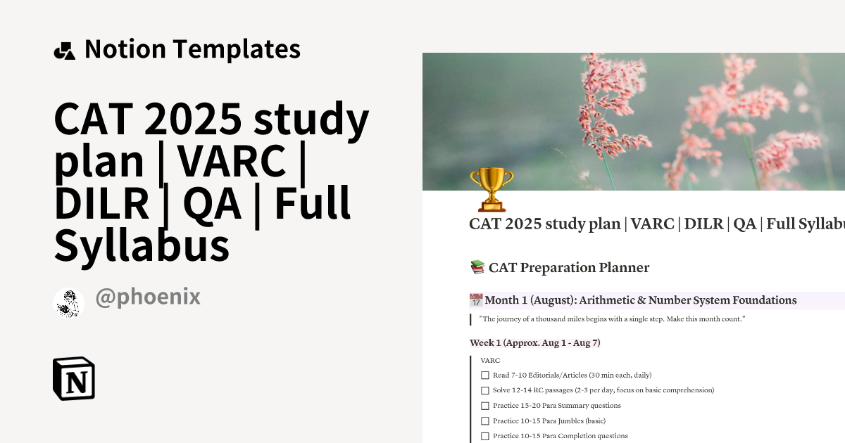 CAT 2025 study plan | VARC | DILR | QA | Full Syllabus Template by Phoenix | Notion Marketplace