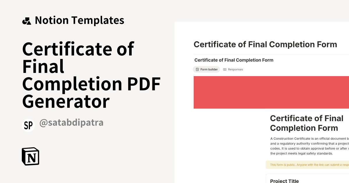 Certificate of Final Completion PDF Generator Template by Satabdi Patra ...