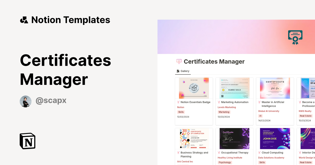 Certificates Manager Template by Yon C. Diaz | Notion Marketplace