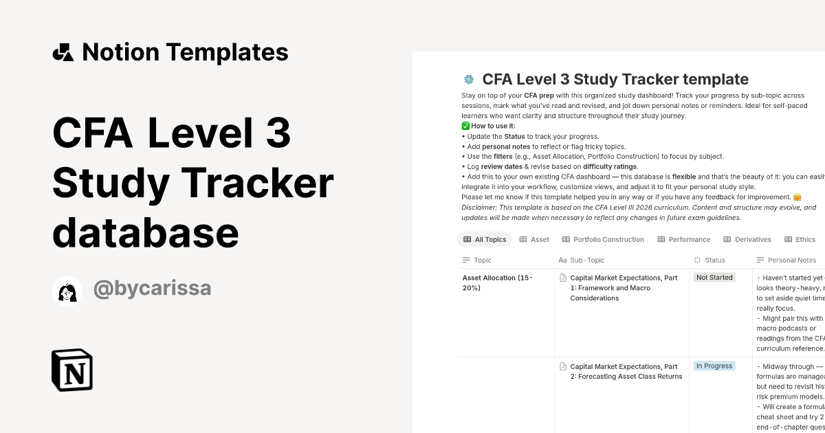 CFA Level 3 Study Tracker database Template by Carissa | Notion Marketplace