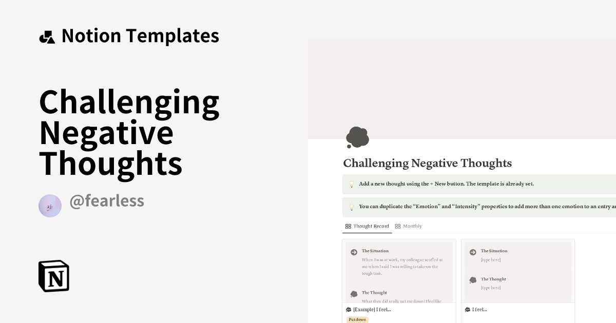 Challenging Negative Thoughts Template by Fearless | Notion Marketplace