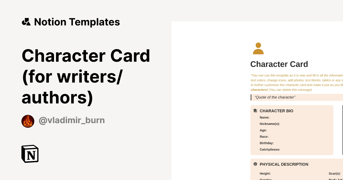 Character Card (for writers/authors) Template by Vladimir Burn | Notion ...