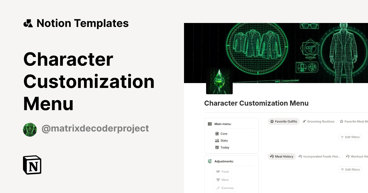 Character Customization Menu Template by Matrix Decoder Project | Notion Marketplace
