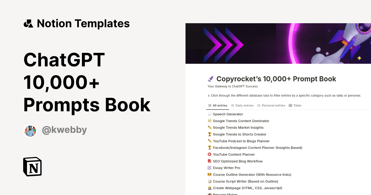 ChatGPT 10,000+ Prompts Book Template | Notion Marketplace