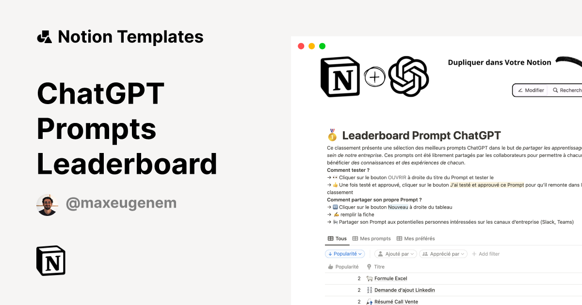 ChatGPT Prompts Leaderboard Template by Max-Eugène Mamet | Notion Marketplace