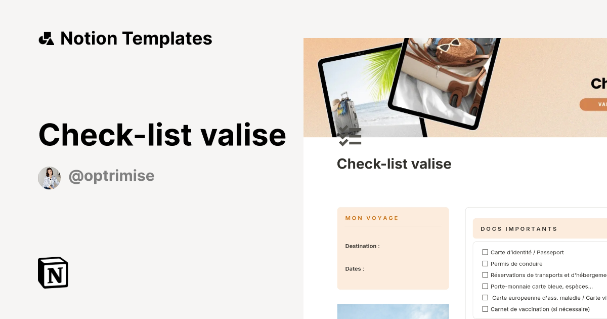 Check-list valise Template by Capucine Barbette | Optrimise | Notion ...